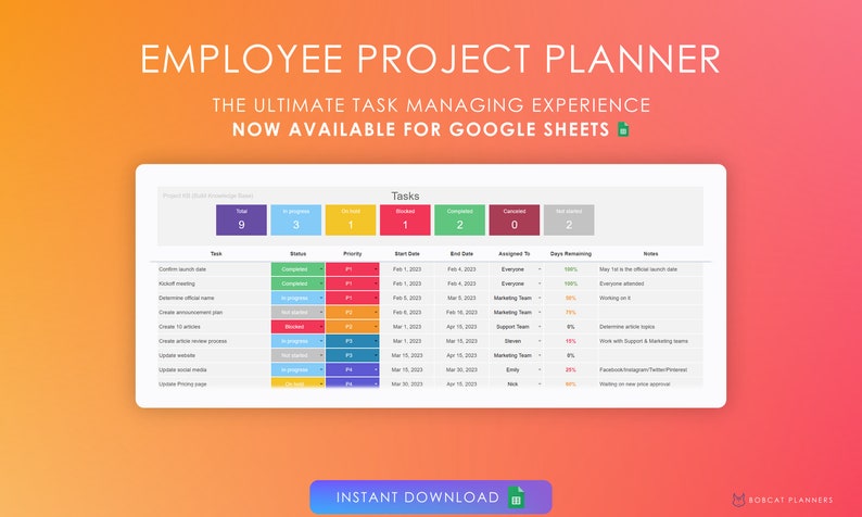 Employee Project Task Planner Tracker for Google Sheets - Etsy
