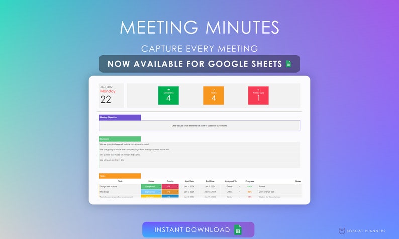 Meeting Minutes Planner | Google Sheets Template | Action Items ...