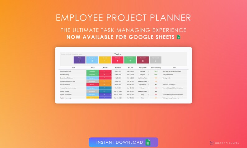 Employee Project Task Planner Tracker for Google Sheets | Project ...