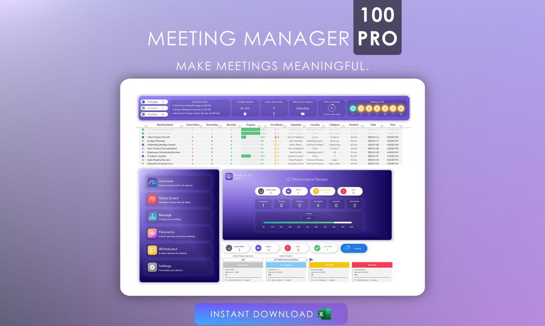 Meeting Manager 100 Pro Management Dashboard | Excel Meeting Minutes ...