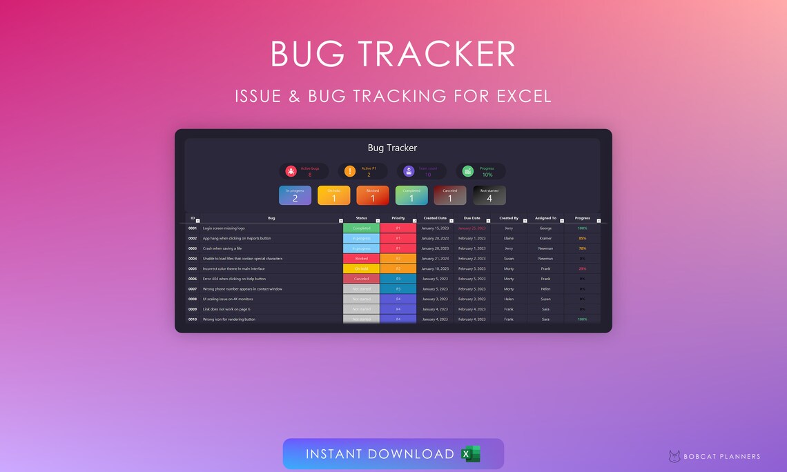 Bug Tracker Spreadsheet Excel Template for Issue Tracking Project Management Quality Assurance ...