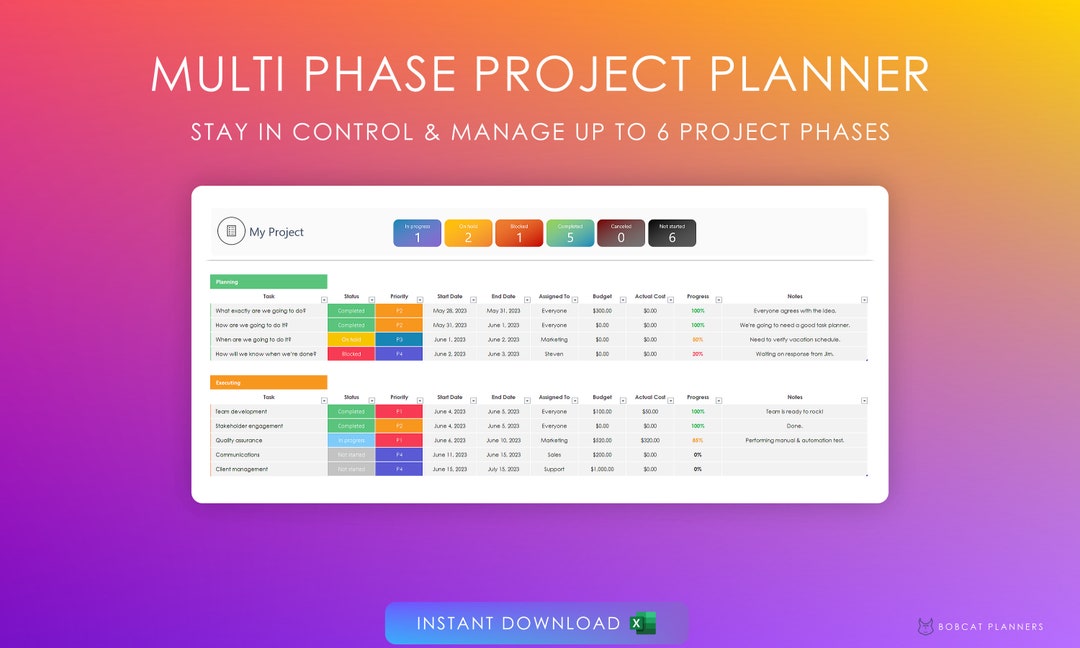 Multi Phase Project Planner Management Dashboard Excel - Etsy
