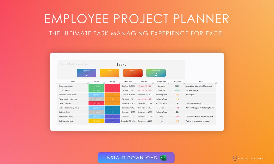 Employee Project Task Planner Spreadsheet Project Manager - Etsy