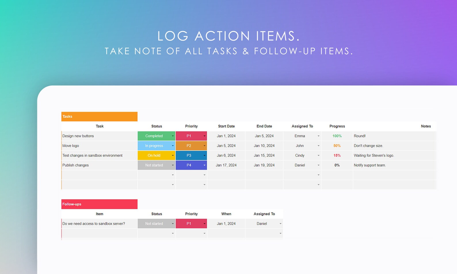 Meeting Minutes Planner | Google Sheets Template | Action Items ...