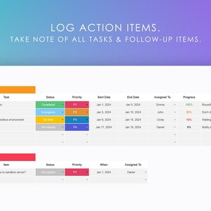 Meeting Minutes Planner | Google Sheets Template | Action Items ...