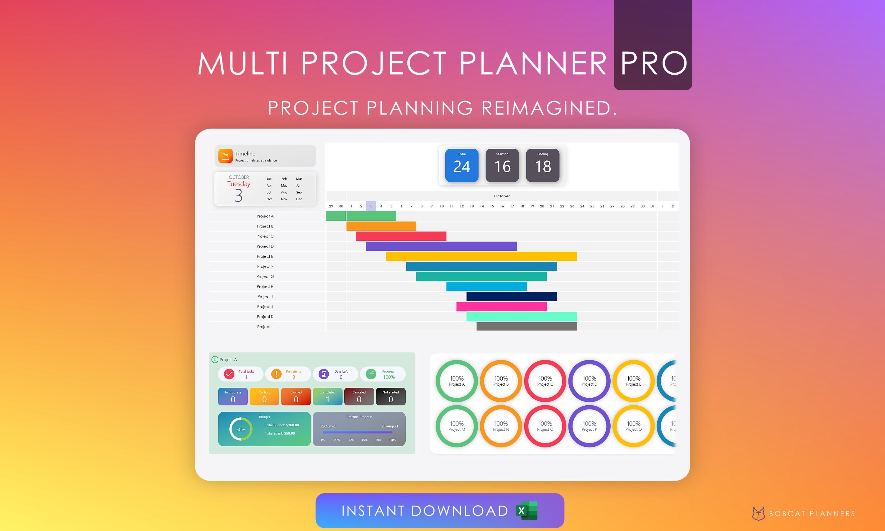 Multi Project Planner Pro Management Dashboard | Excel Gantt Timeline ...