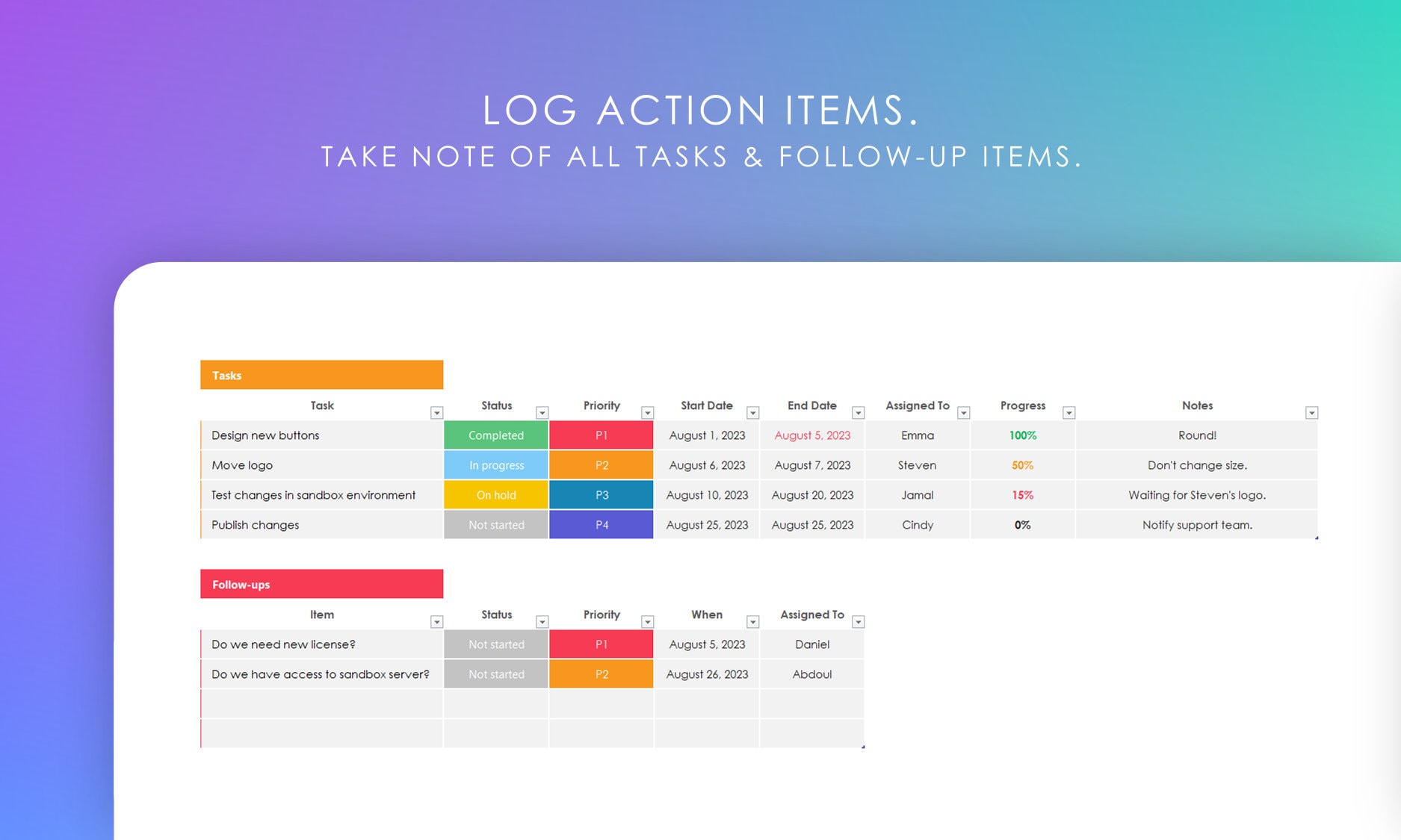 Meeting Minutes Planner Excel Template Action Items - Etsy UK