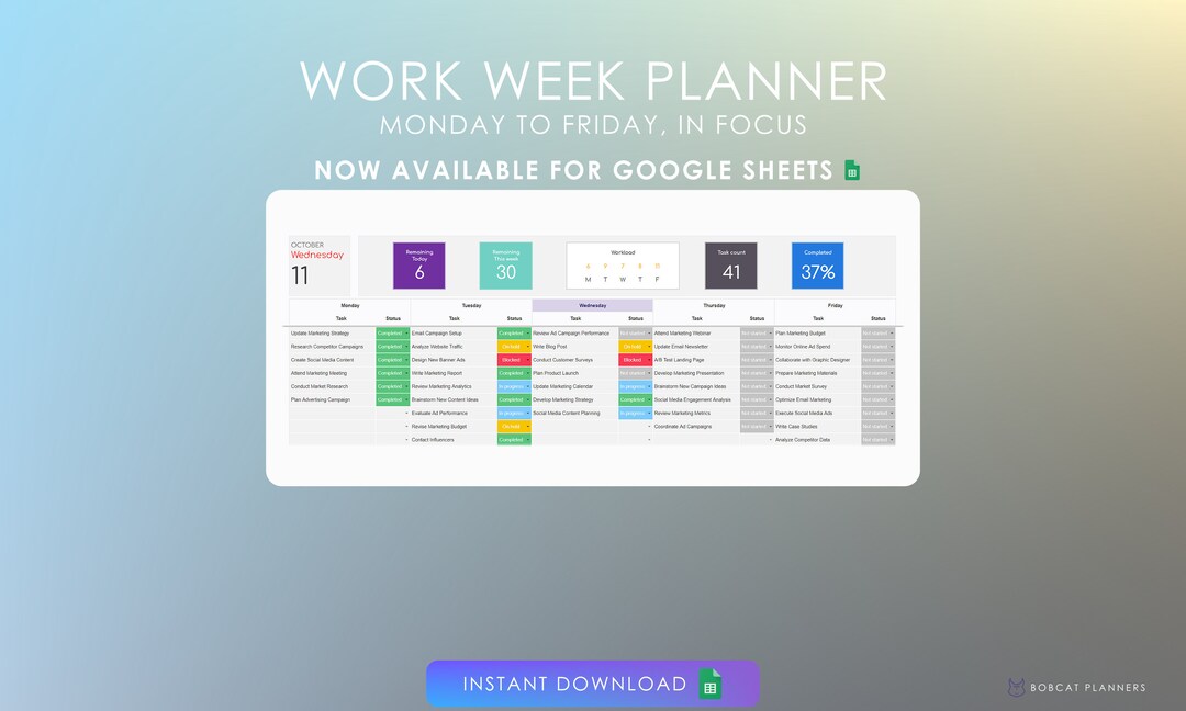 Planificador de tareas de la semana laboral moderna Hojas de cálculo de ...