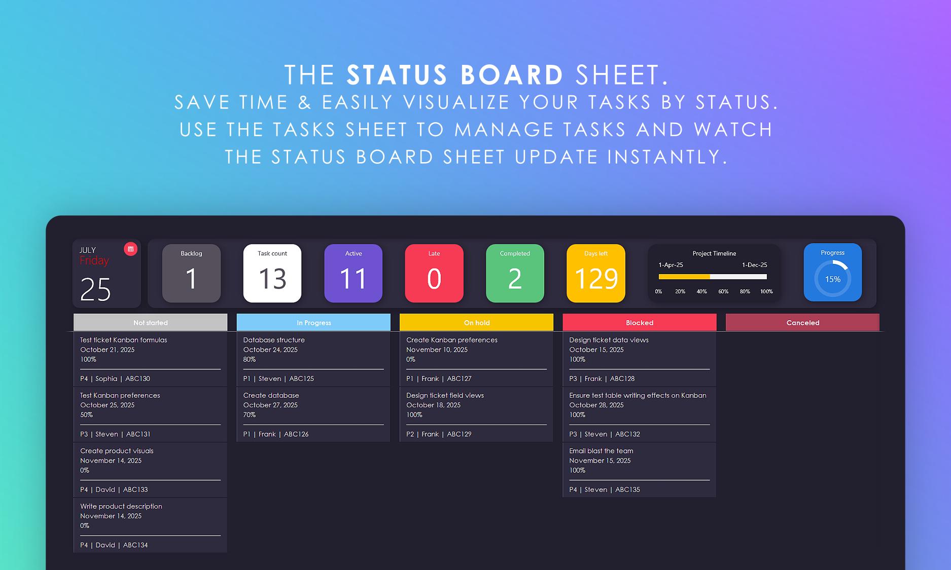 Dark Mode Kanban Board Excel Template: Project Planner, Task Tracker ...