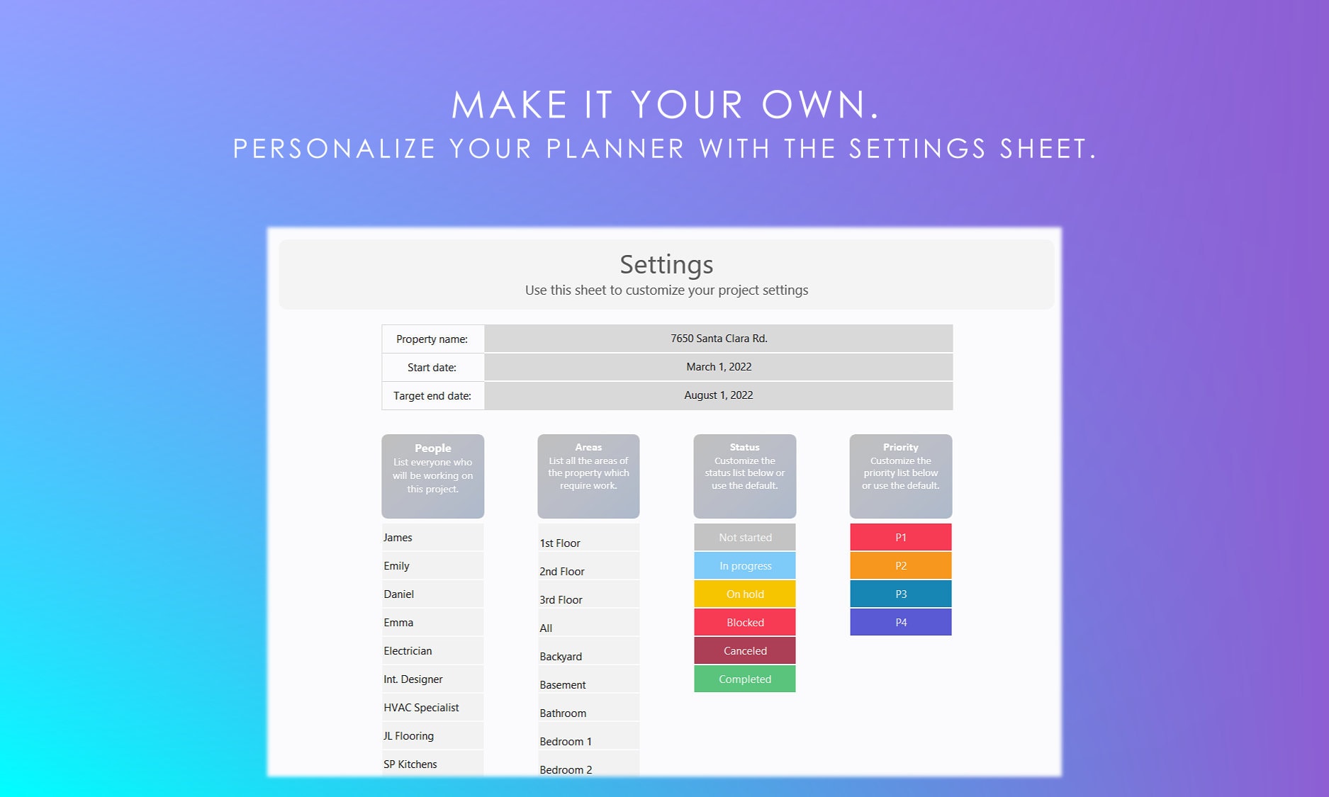 Home Renovation Budget Spreadsheet Organizer Task Tracker Project ...
