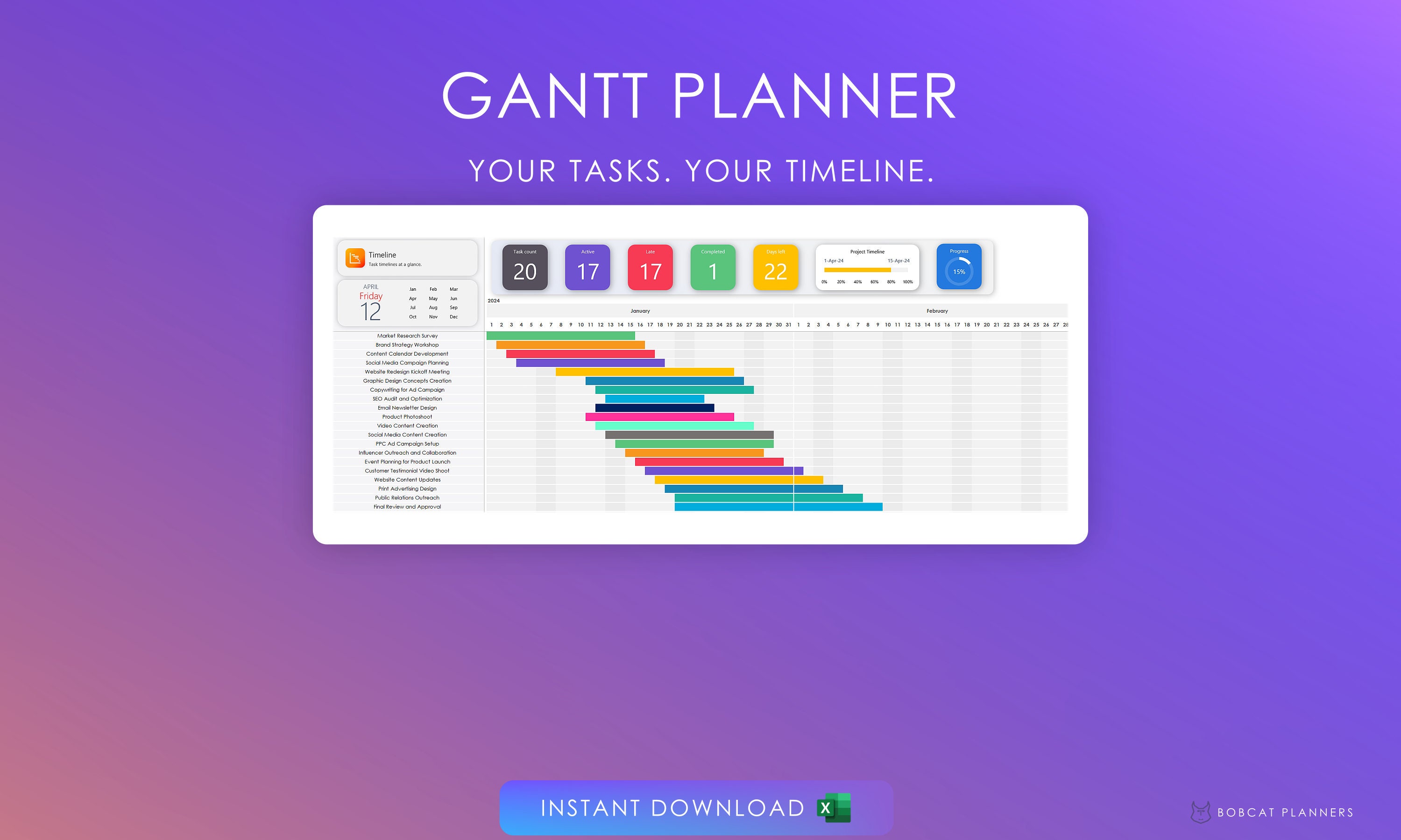 Gantt Planner for Excel | Task Timeline | Project Manager | Task Manager | Planner Spreadsheet ...