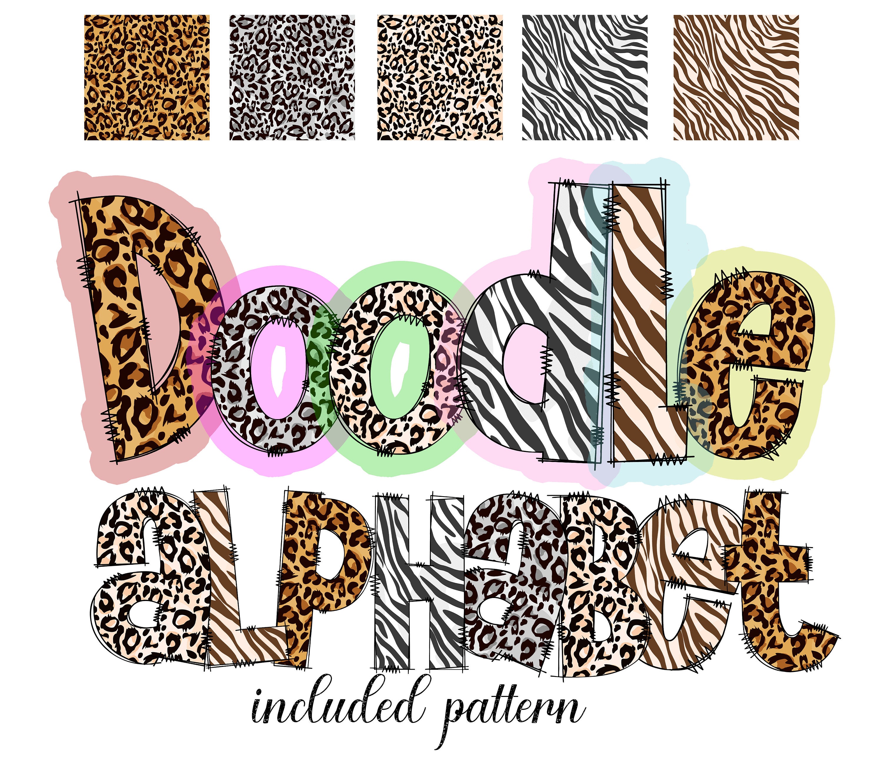 5 Set Leopard Doodle Alphabet PNG Bundle, Leopard Doodle Letters ...