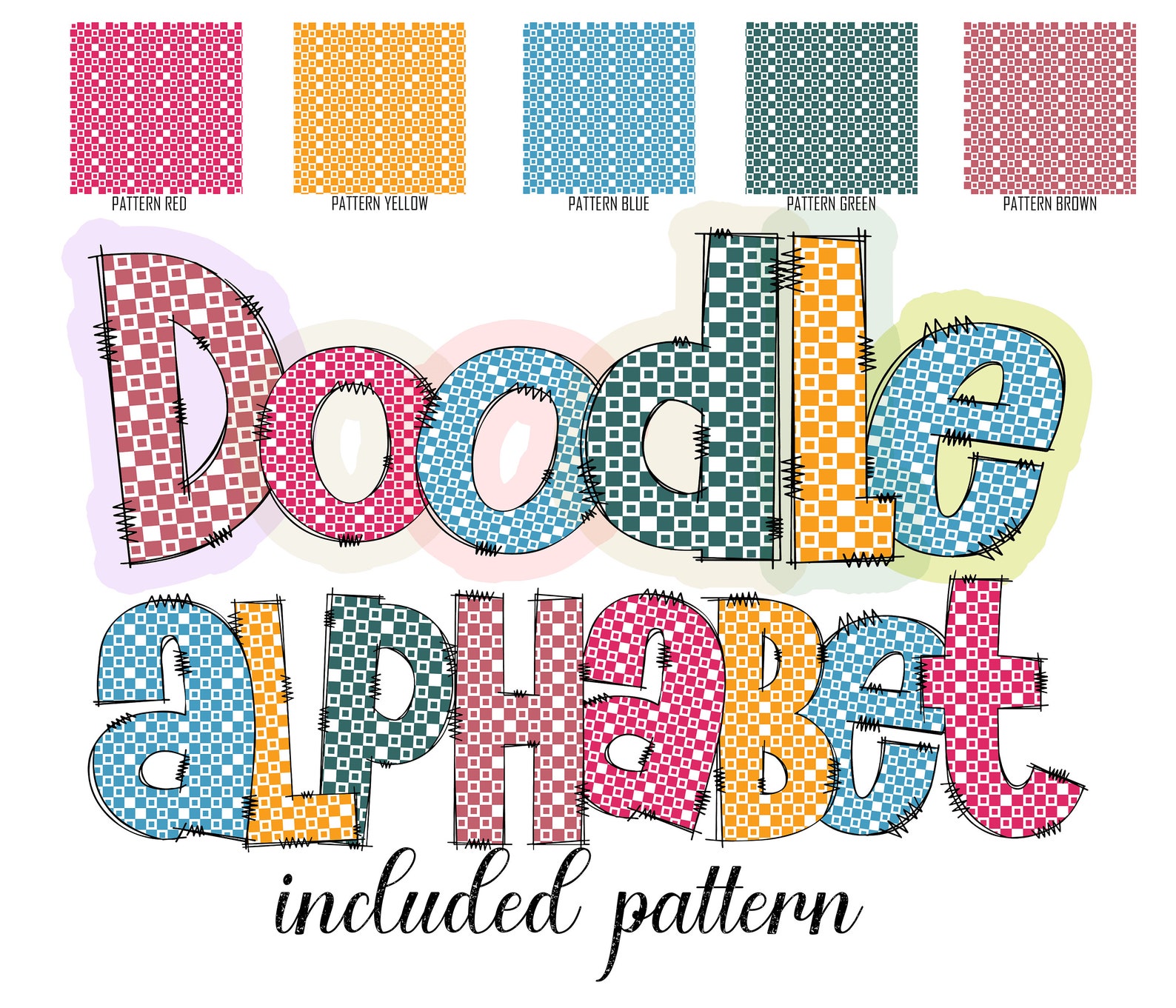 5 Pack Gingham Doodle Alphabet Letters PNG, Uppercase and Lowercase ...