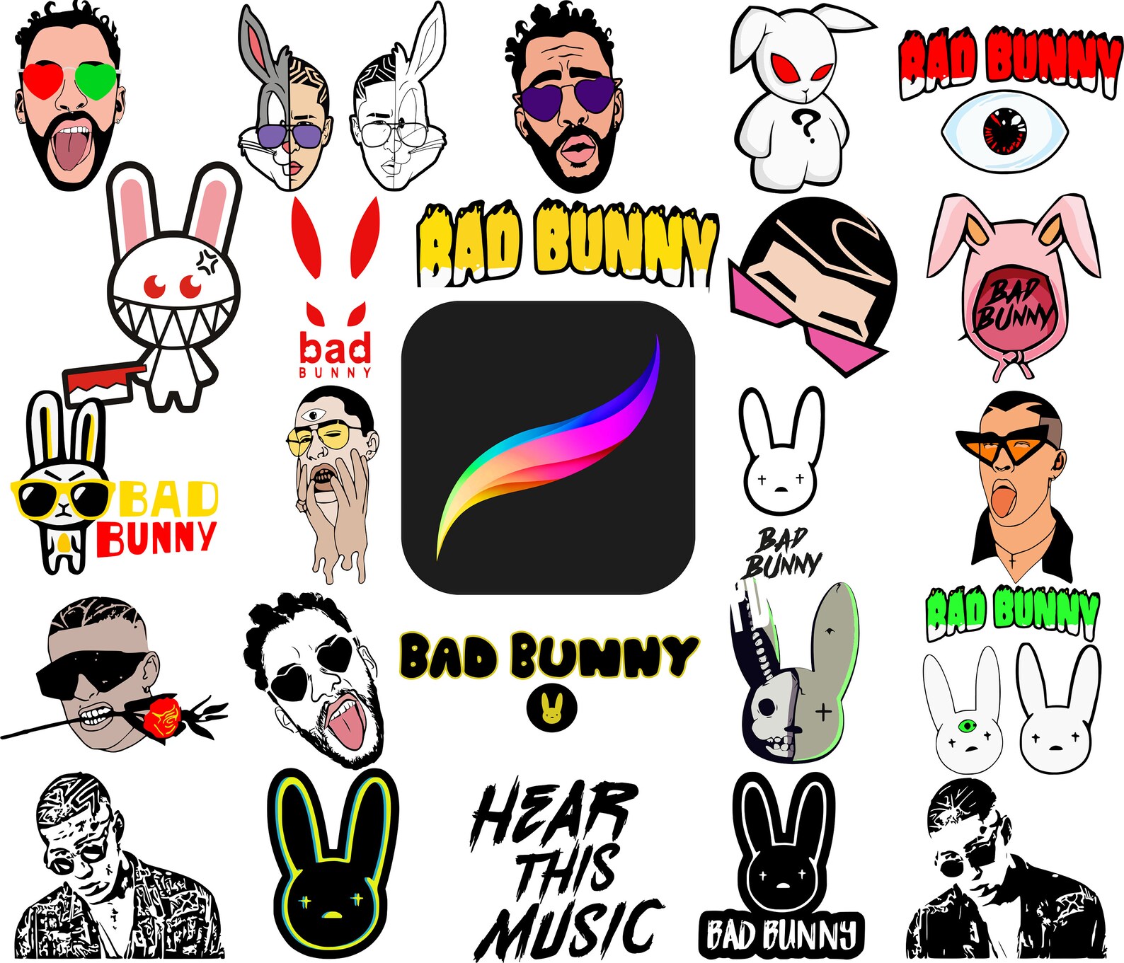 Bad Bunny Procreate Stamps and PNG Files, Yo Perreo Sola Stamps PNG ...