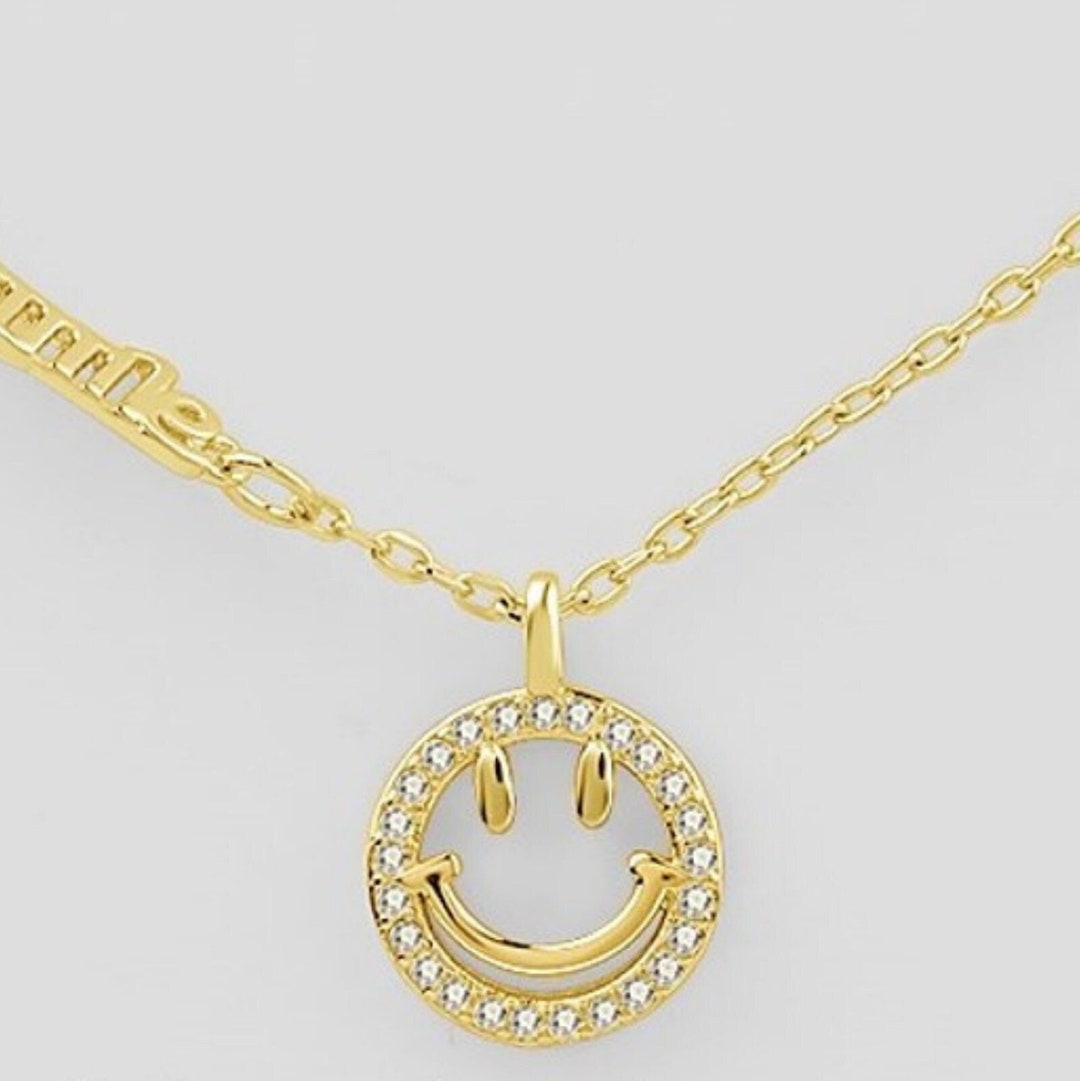 Gold Smiley Face Necklace for Women, Round Silver Smiley Face Necklace ...