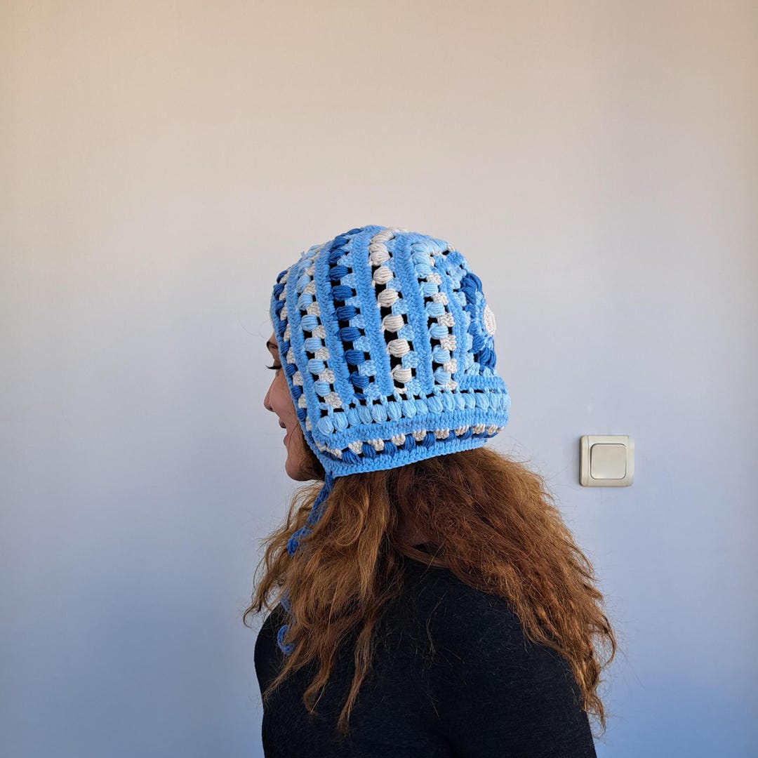 Blue Crochet Granny Square Bonnet: Hand Knit Cotton Earflap Beanie - Etsy