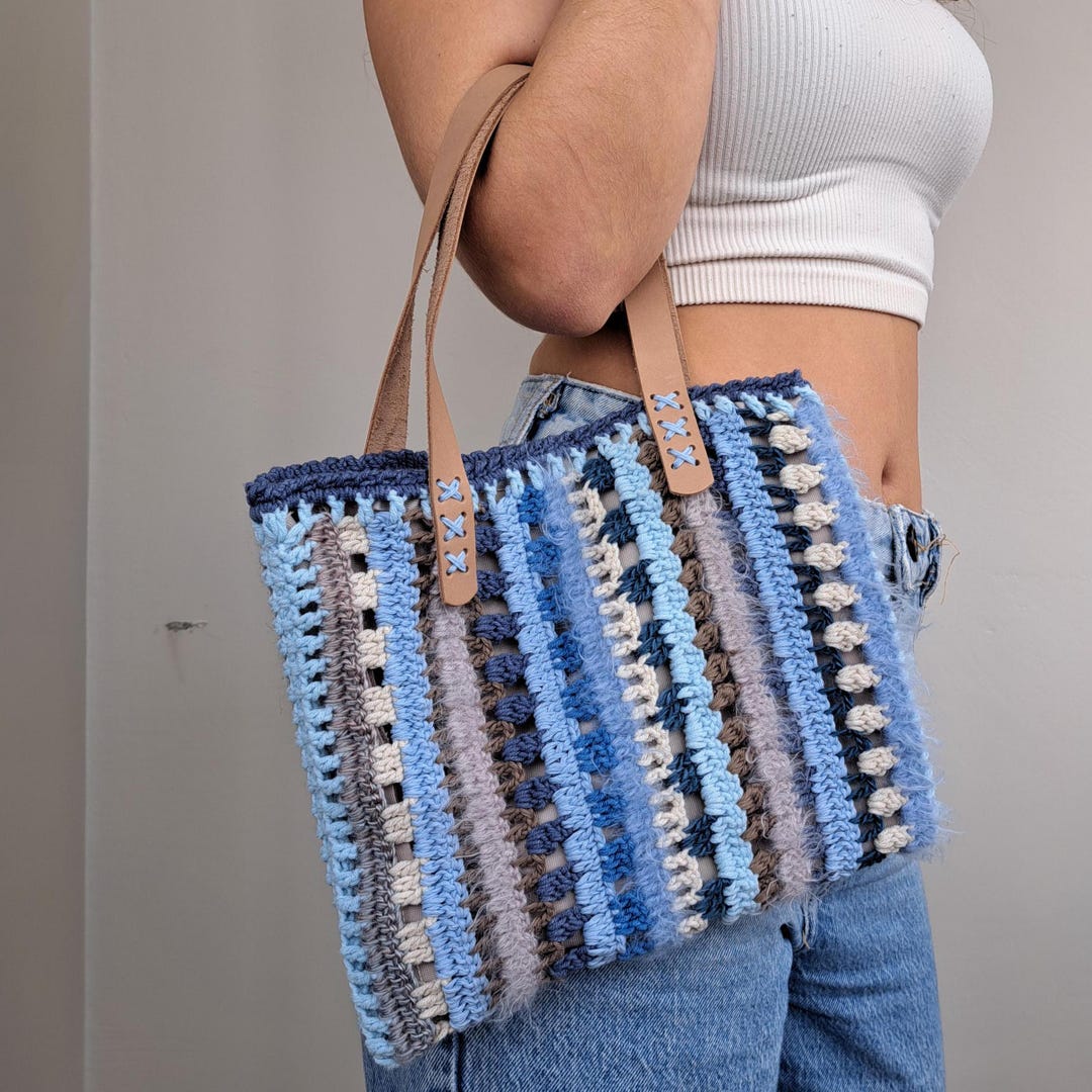 Crochet Mini Handbag, Soft Blue Tone Bag With Leather Handle Bag ...
