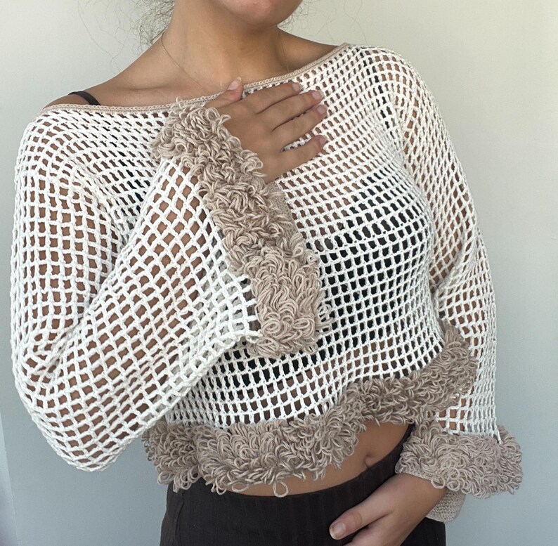 Crochet Fishnet Crop Top: White Cotton Bell Sleeve Knit Sweater - Etsy