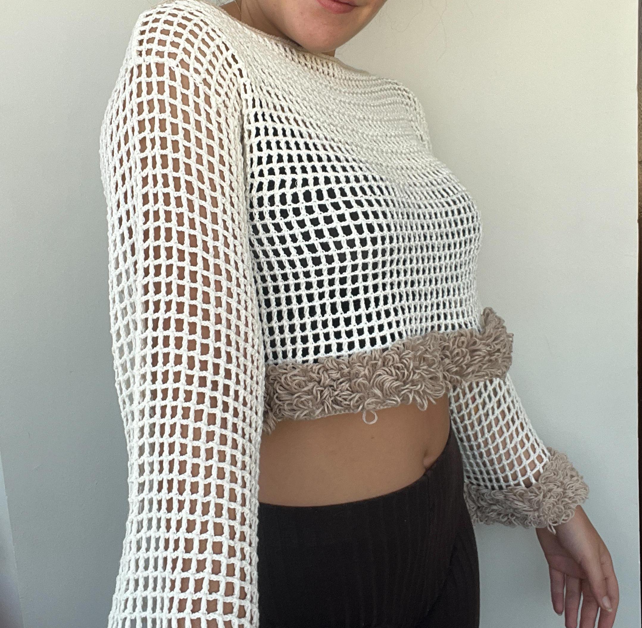 Crochet Fishnet Top, White Long Bell Sleeve Crop Top, Hand Knit Mesh ...