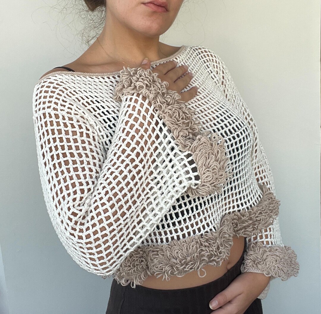 Crochet Fishnet Top, White Long Bell Sleeve Crop Top, Hand Knit Mesh ...