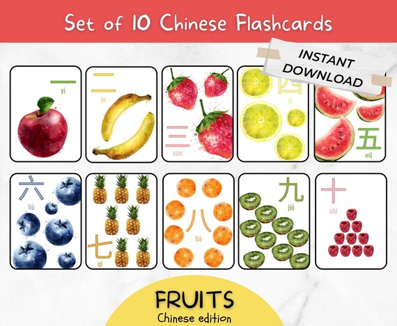 FRUITS Chinese 1-10 Numbers Fruit Flashcards Preschool | Etsy