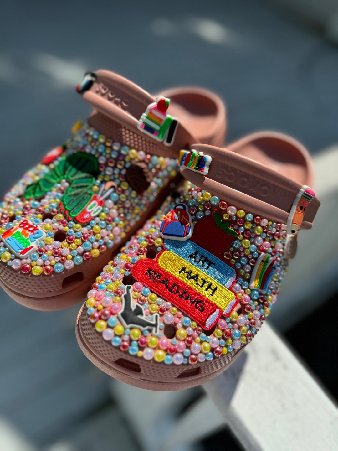 Custom Teacher Crocs: Art, Math, Reading Theme – Handmade Embellished ...