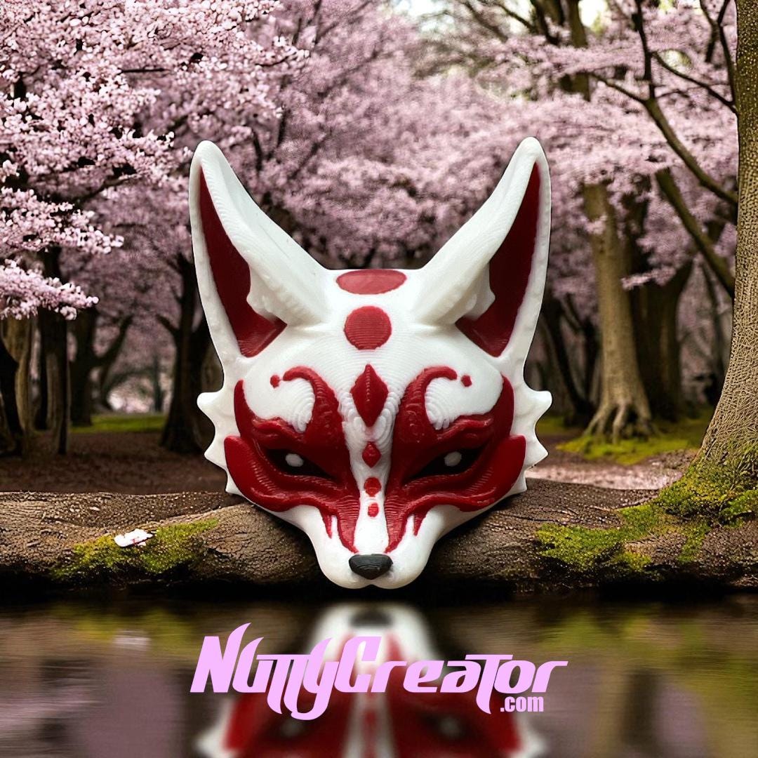Japanese Kitsune Mask Keychain, Yokai, Mischievous Fox, Red, Black and ...