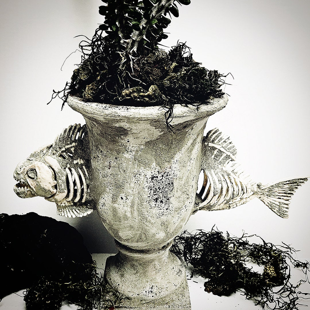 Indoor/ Outdoor Fish Skeleton Urn Planter Pot/ Halloween Skelton Fish ...