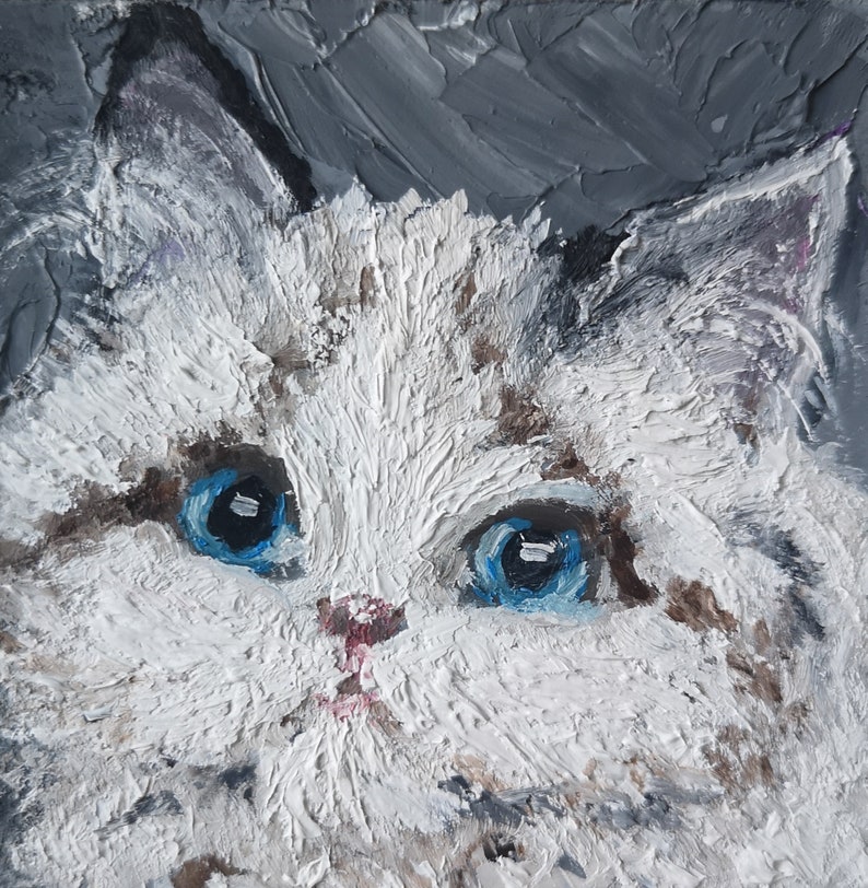 Cat Mini Oil Painting on Cardboard Impasto White Cat Portrait Best Gift ...