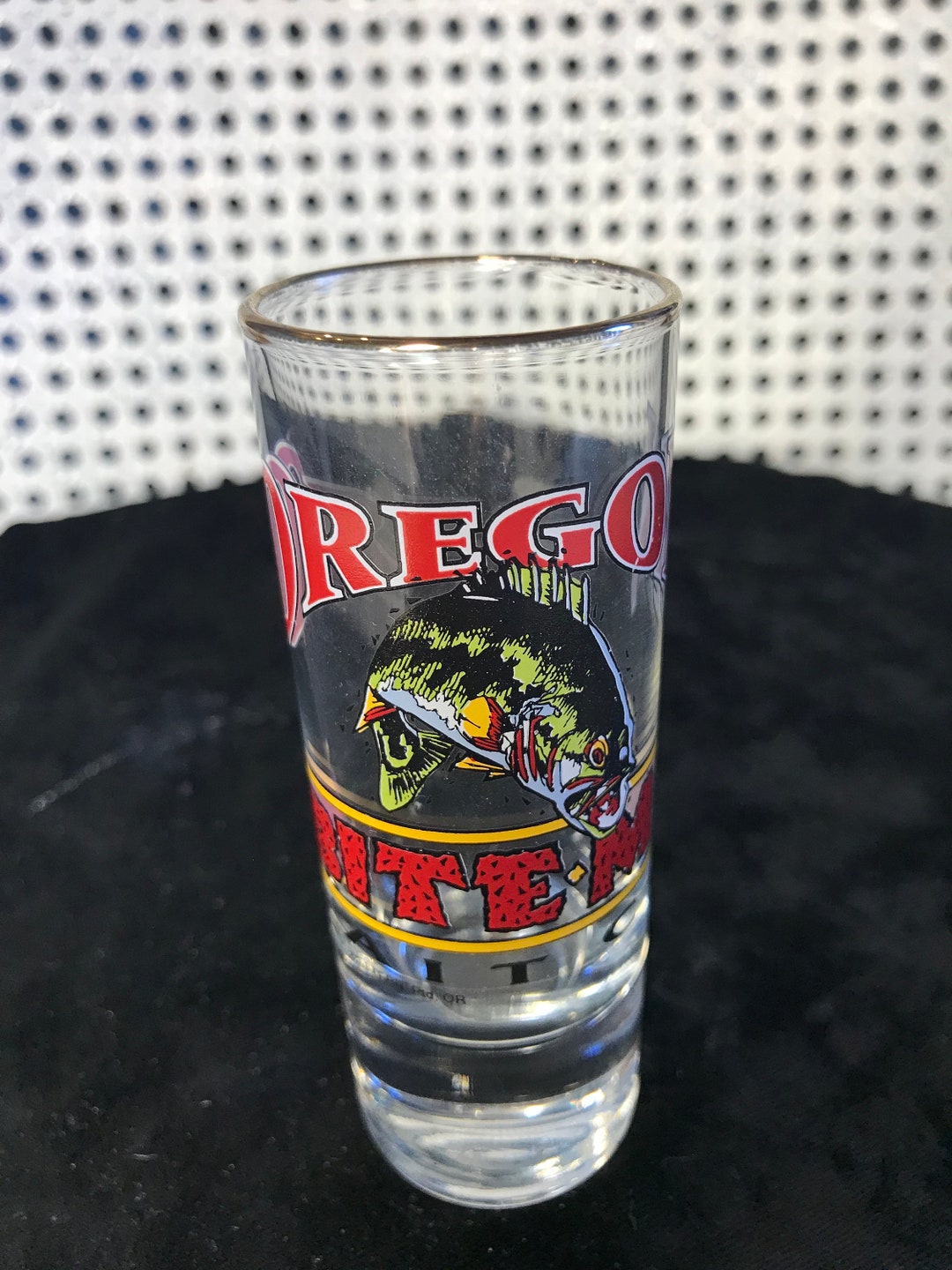 Vintage - Shot Glass - Tall - Oregon - Bite Me - Bait Company - Gold ...