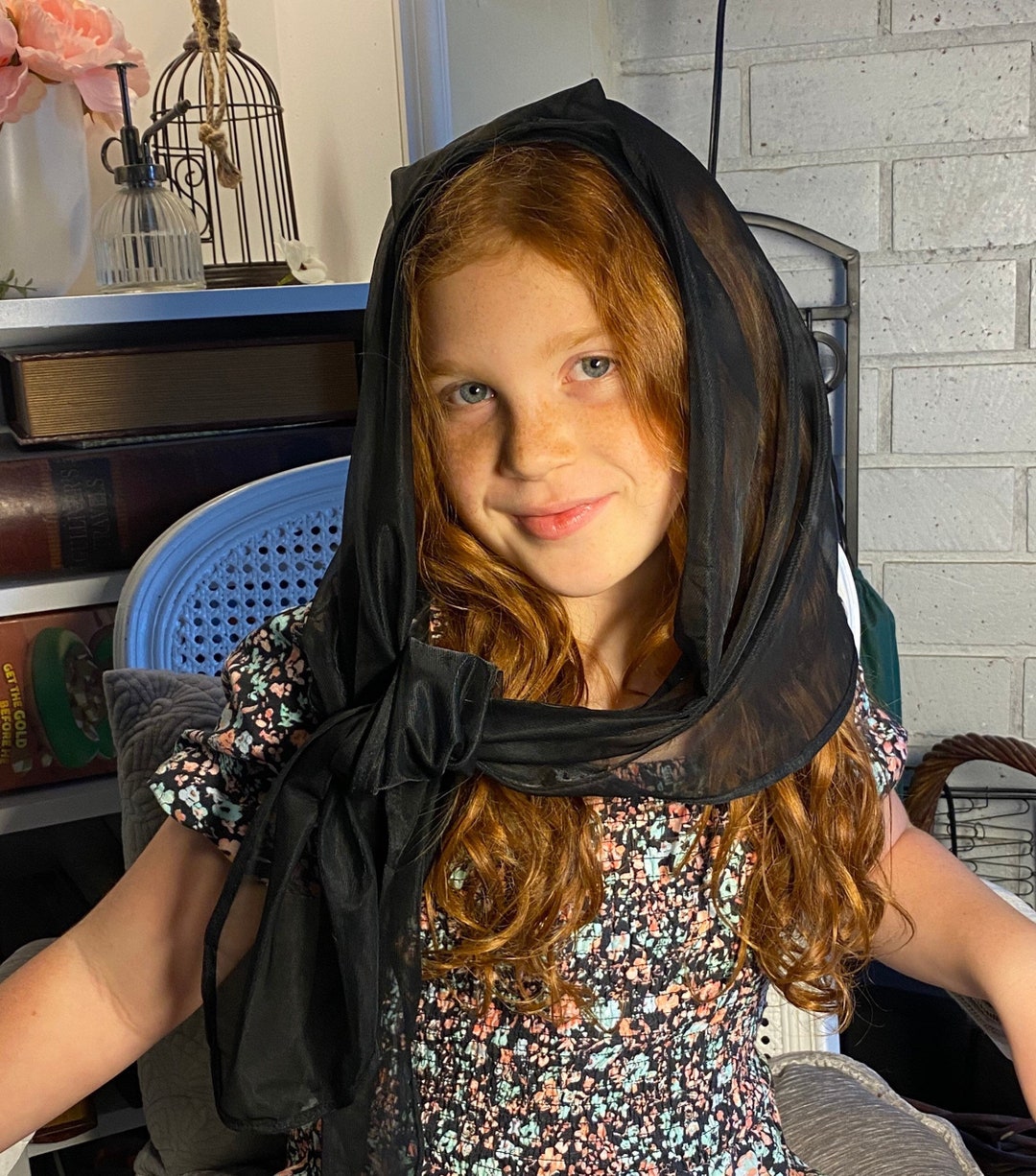 Vintage 1950's-1960's Black Chiffon Head Scarf Pleated at Forehead ...