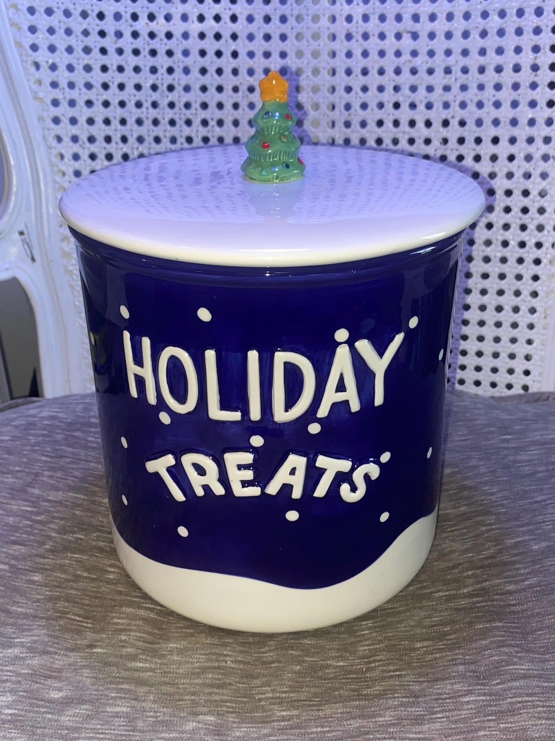 Vintage Ceramic Holiday Cookie Jar: Blue & White Christmas Tree Decor ...