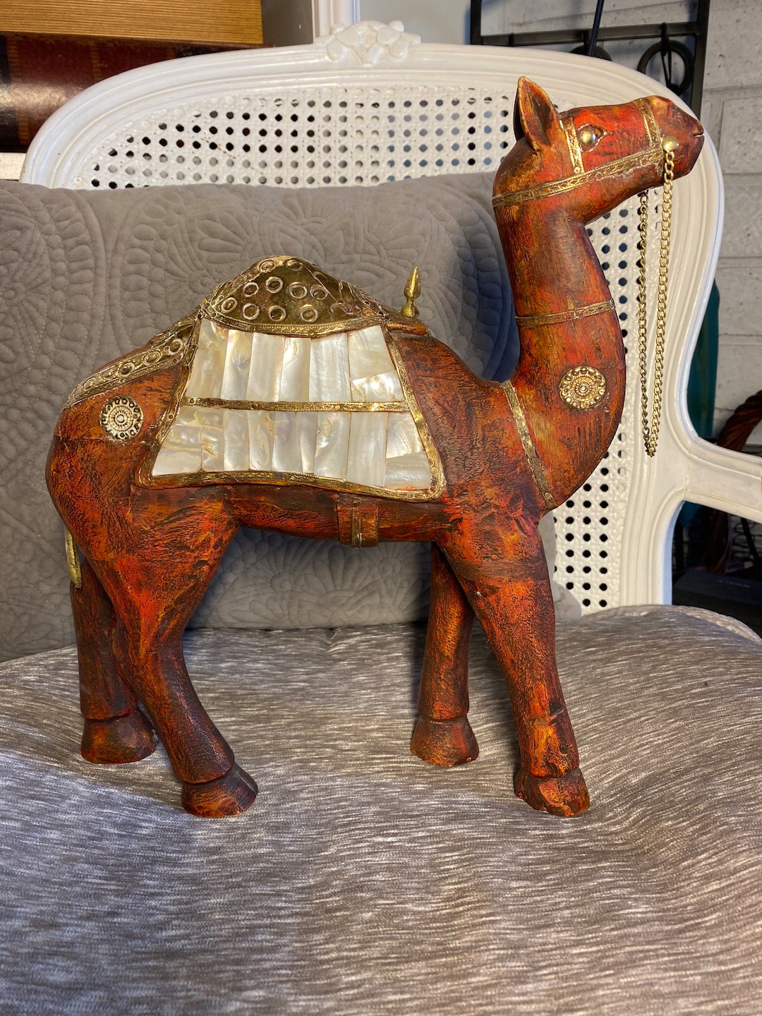 Vintage Hand Carved Wood Camel: Copper, Brass & Ivory Inlay Decor - Etsy