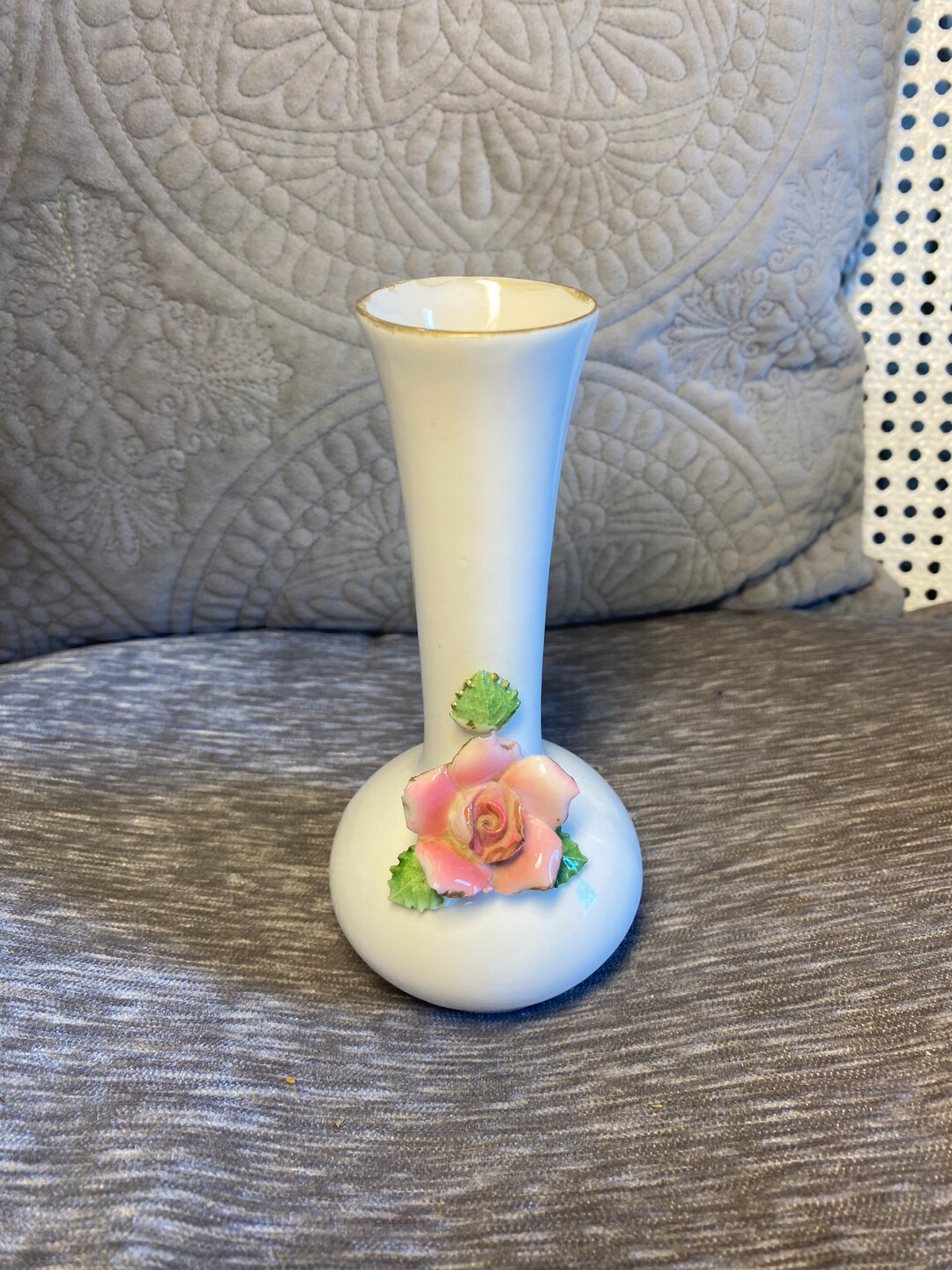 Vintage White Ceramic Bud Vase With a Pink Ceramic Rose and Green ...