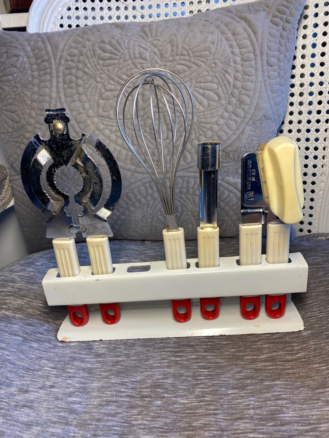 Vintage - 1960's - Kitchen Utensil Set - Metal Stand - White Plastic ...