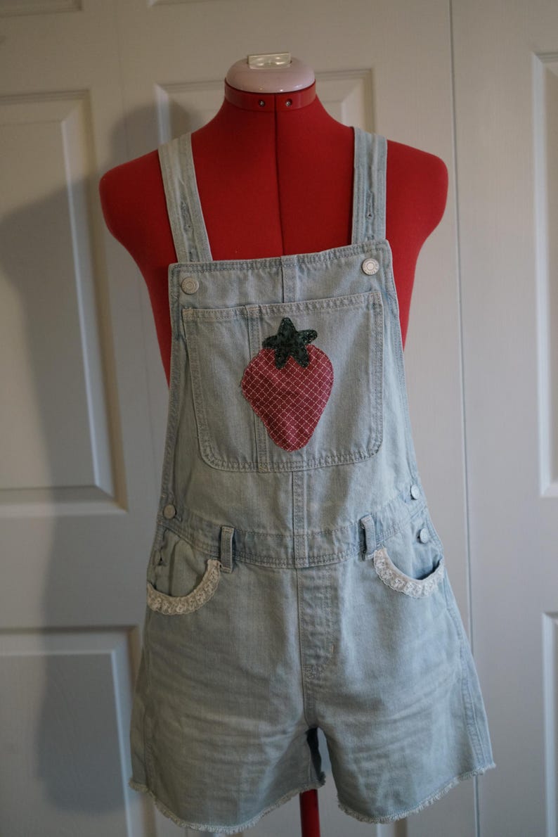 XS/S Reworked Denim Overall Shorts- Strawberry Shortcake-inspired ...