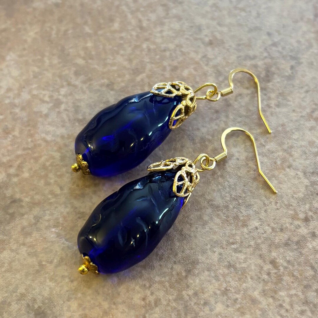 Vintage Cobalt Blue Drop Earrings, 18k Gold Leaf Overlay - Etsy