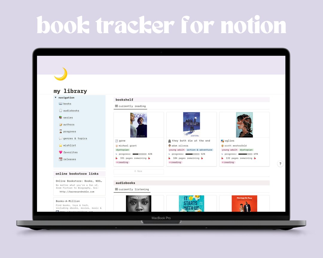 Notion Book Tracker Notion Reading Tracker Notion Audiobook Planner Aesthetic Notion Template