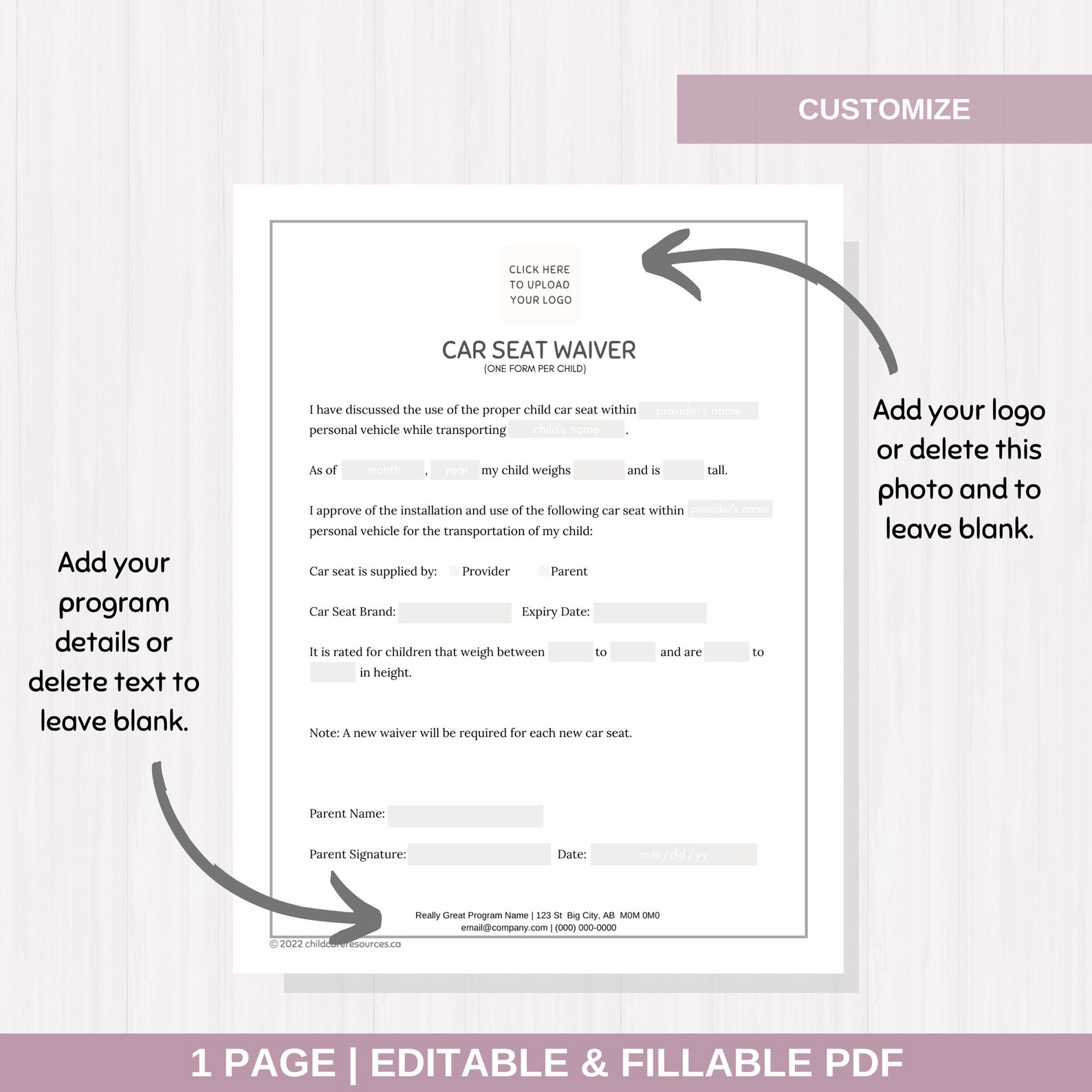 Daycare Car Seat Waiver, Permission Form, Transportation Safety, Home ...
