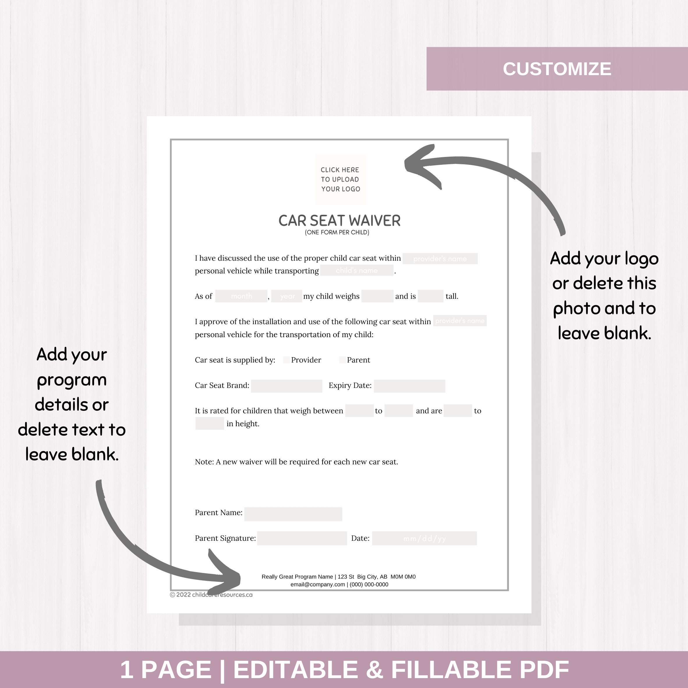 Daycare Car Seat Waiver, Permission Form, Transportation Safety, Home ...