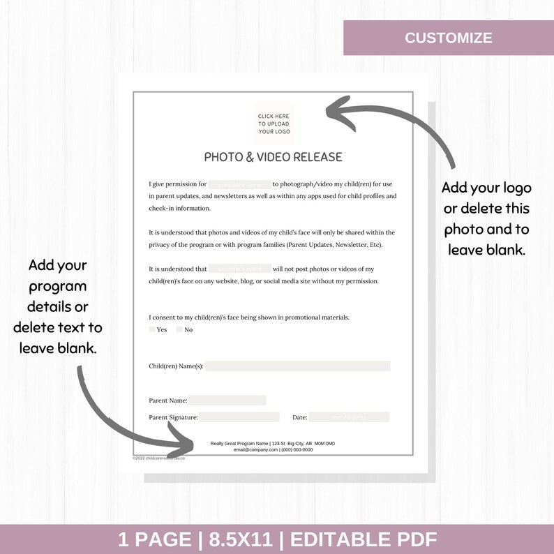 Daycare Child Photo Release Form, Video Release Form, Home Daycare ...