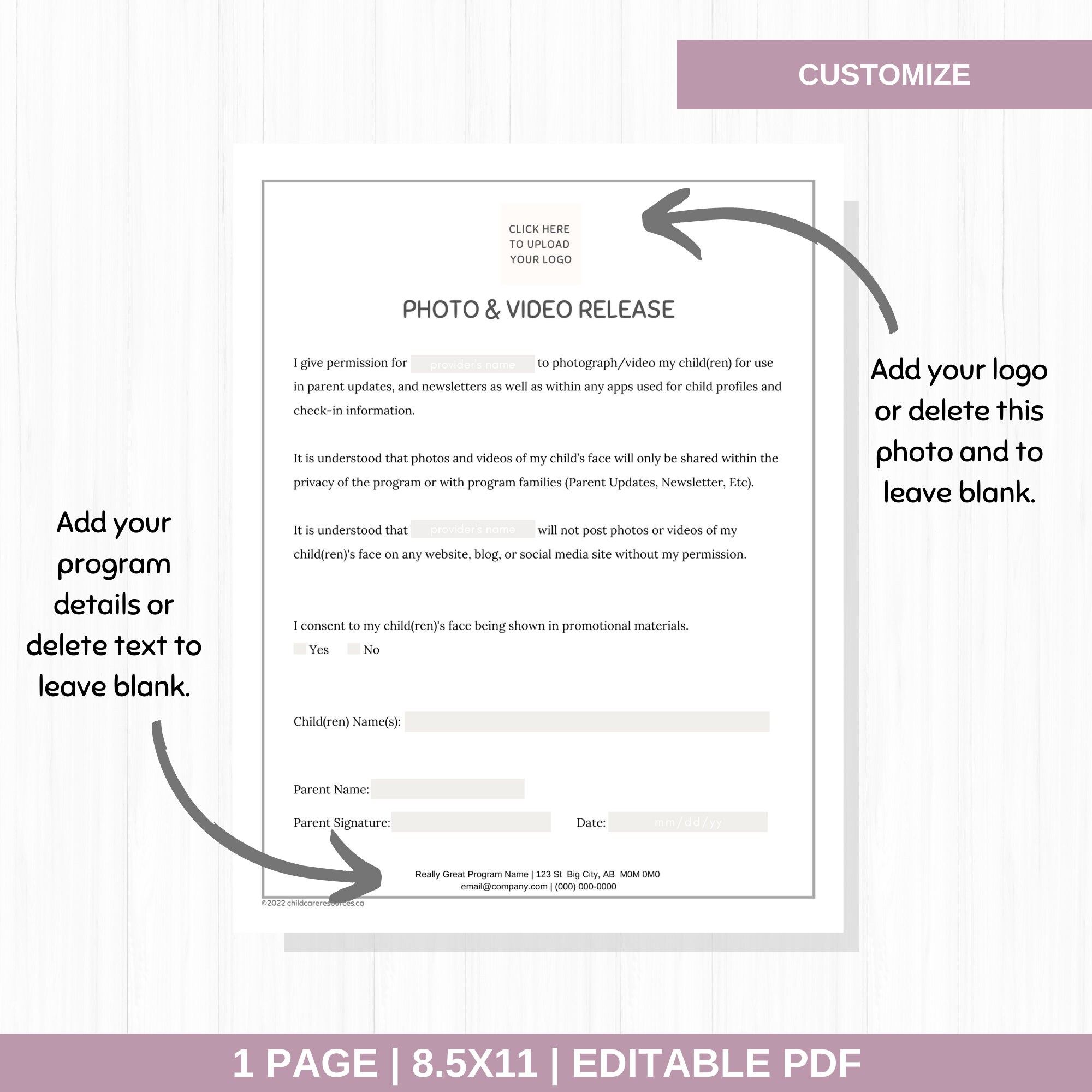 Daycare Child Photo Release Form, Video Release Form, Home Daycare ...