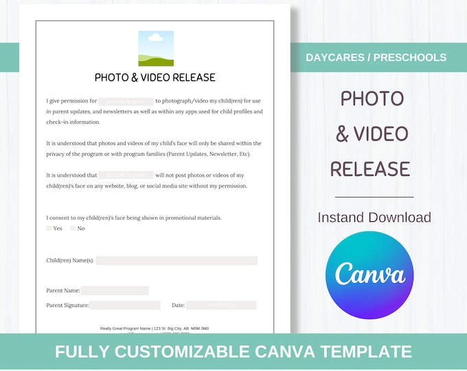 Childcare Photo Release Form/ Photo Permission Form for Childcare and ...