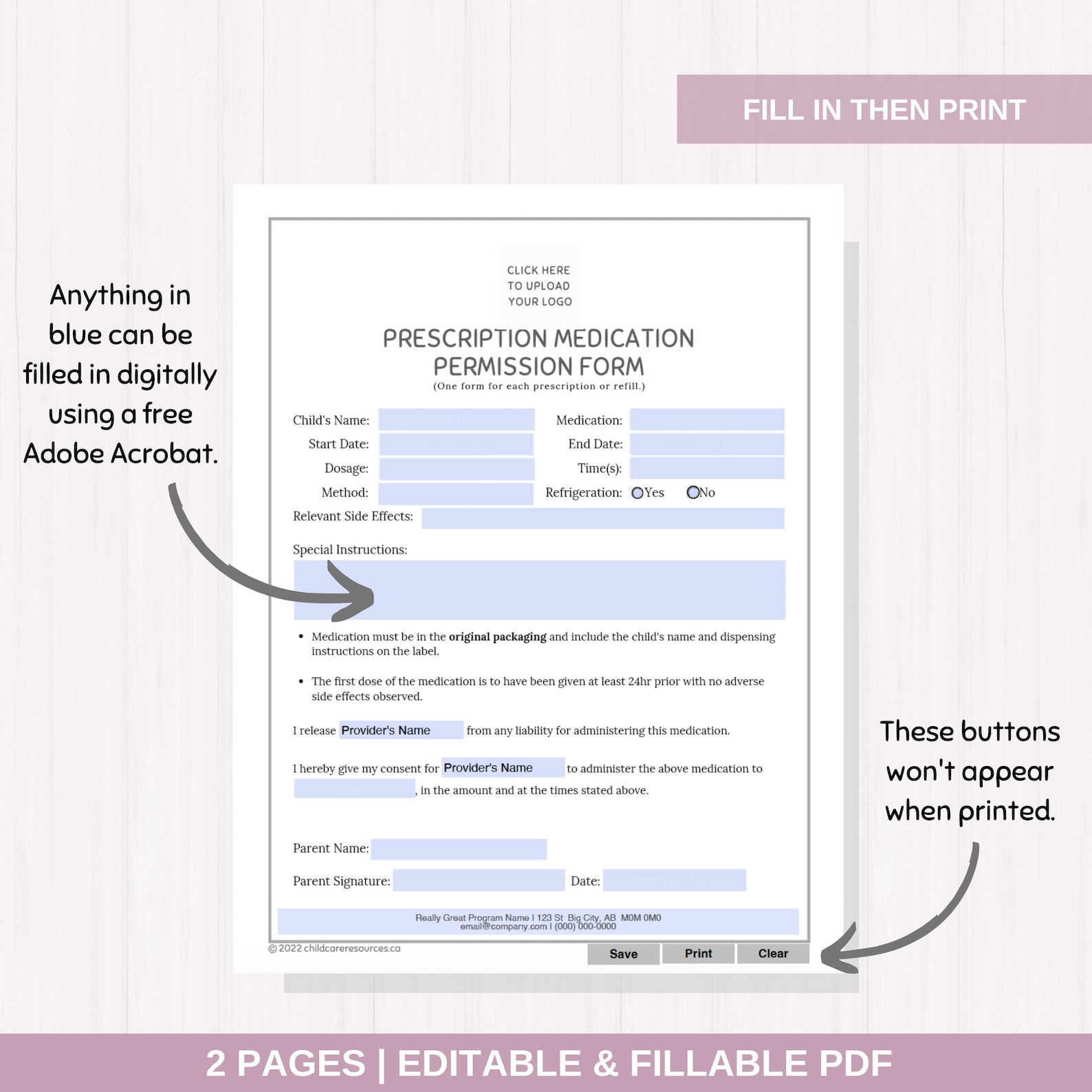Daycare Medication Permission Form | Prescription Medication Log ...