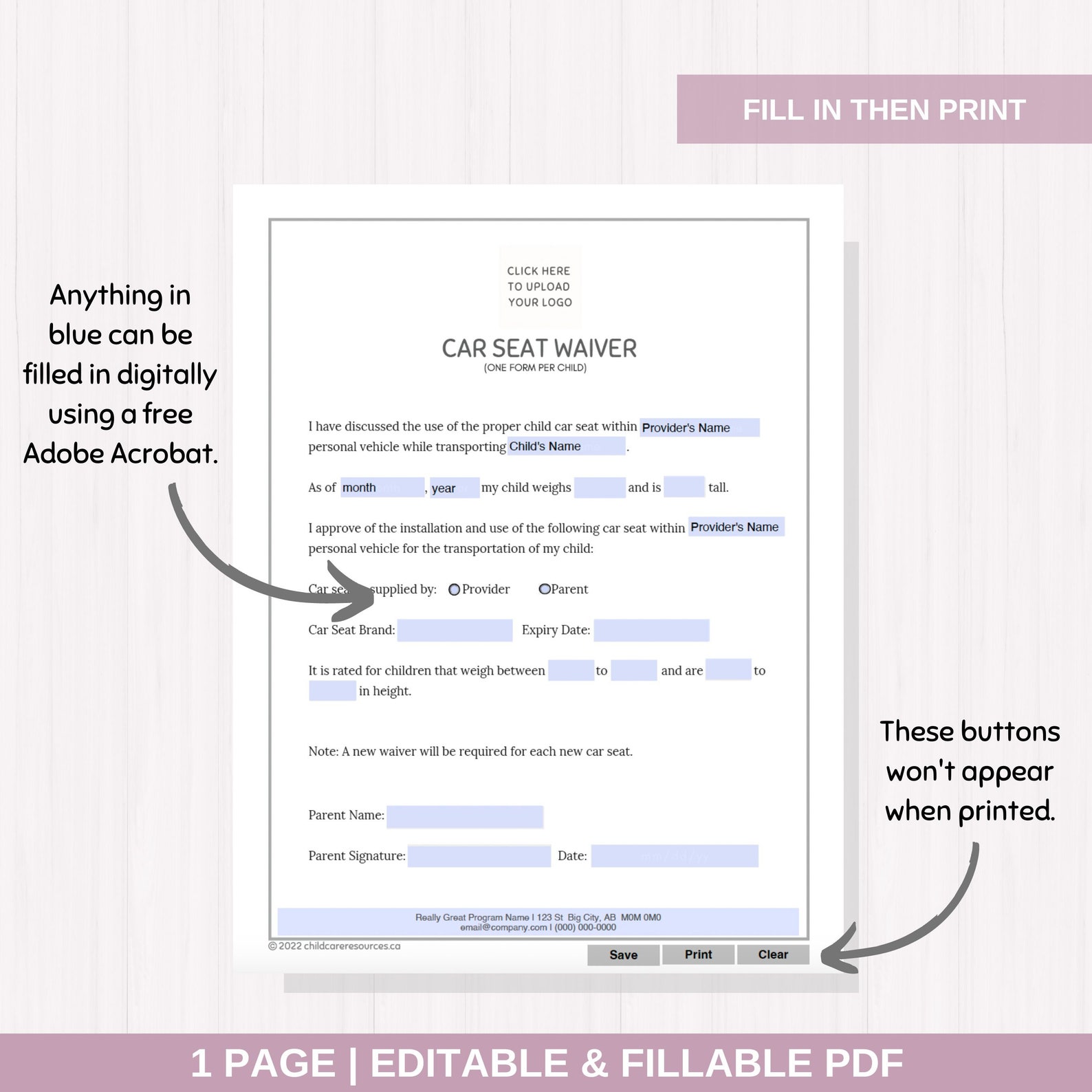 Daycare Car Seat Waiver, Permission Form, Transportation Safety, Home ...