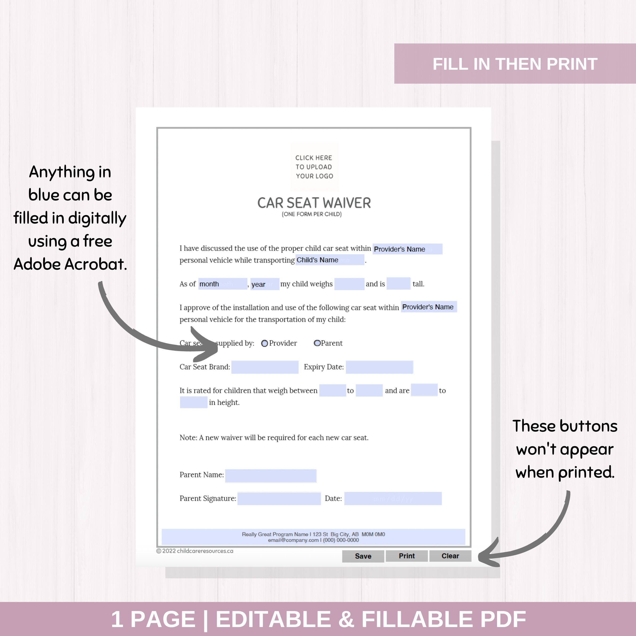 Daycare Car Seat Waiver, Permission Form, Transportation Safety, Home ...