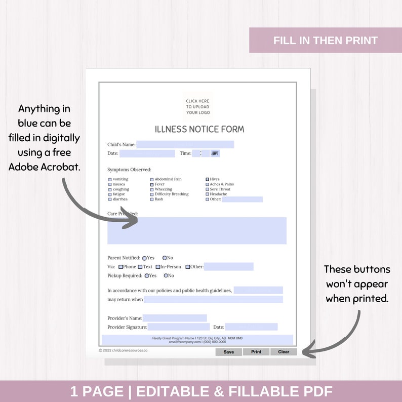 Daycare Illness Notice Report Form, Sick Note, Family Home Daycare ...