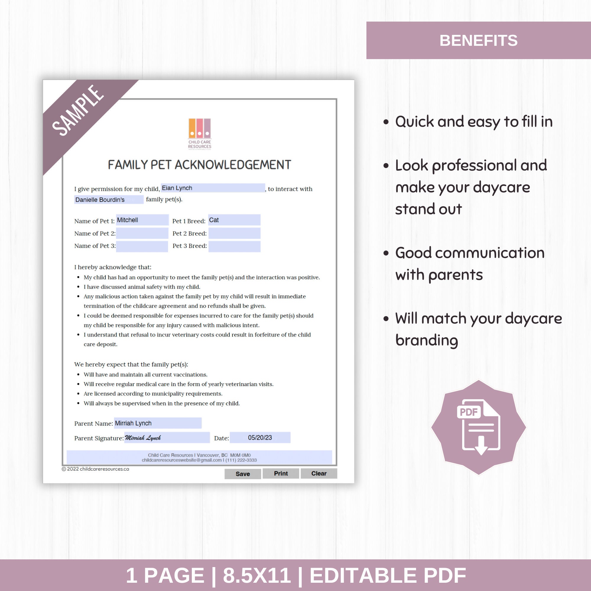 Family Pet Acknowledgement Form, Friendly Pet Waiver, Child Safety ...