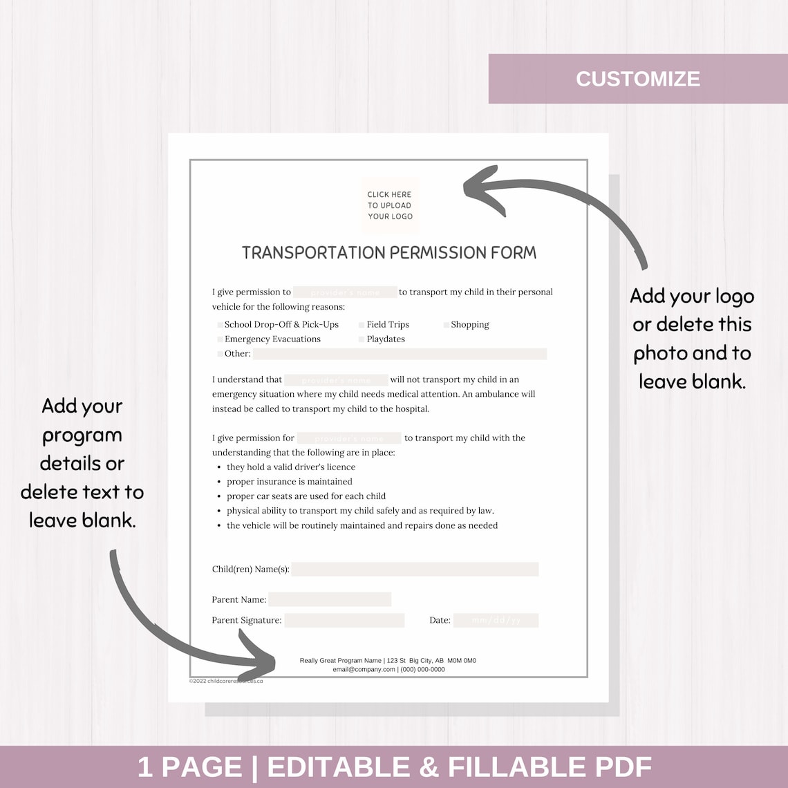 Daycare Transportation Permission Form, Agreement Slip, Family Home ...