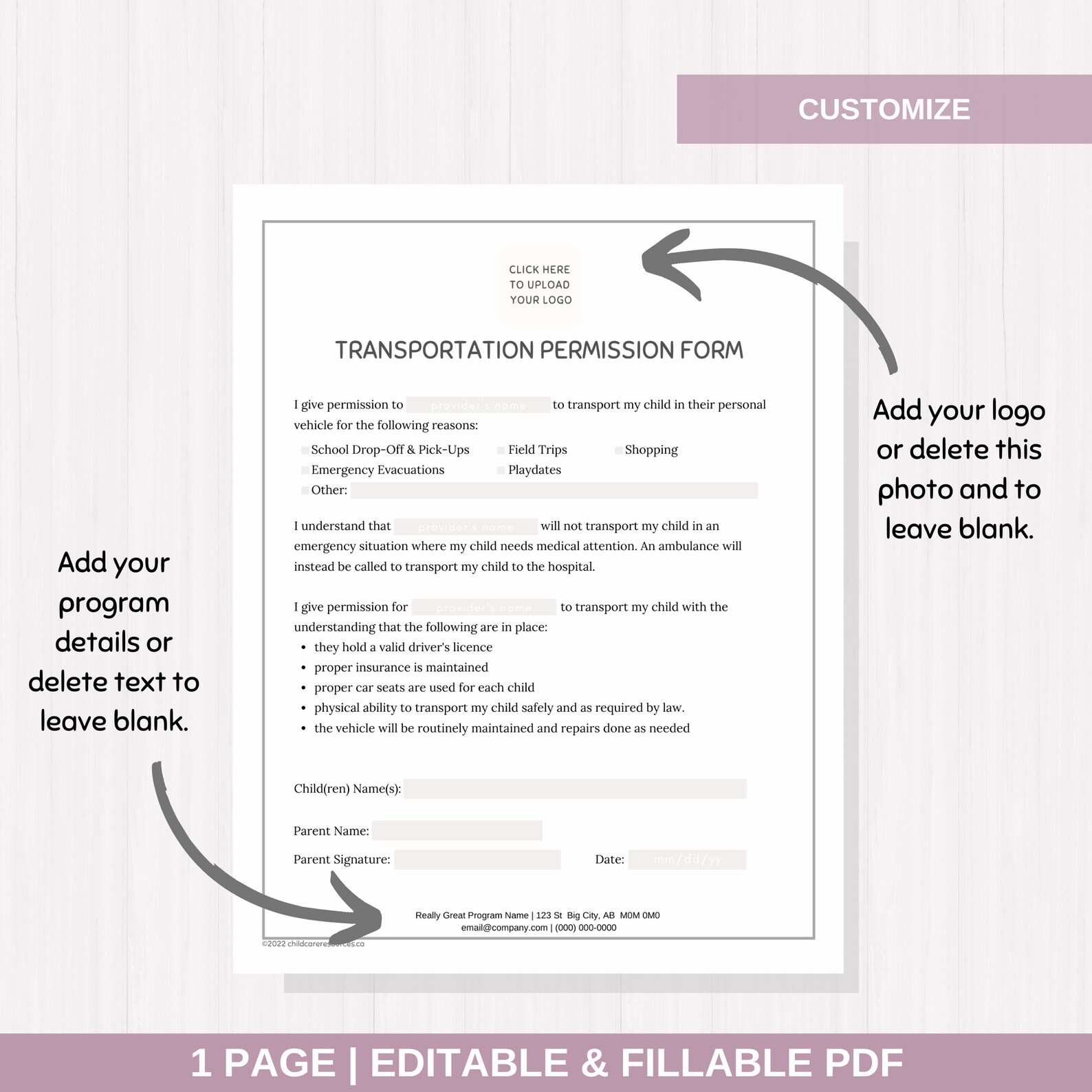 Daycare Transportation Permission Form, Agreement Slip, Family Home ...